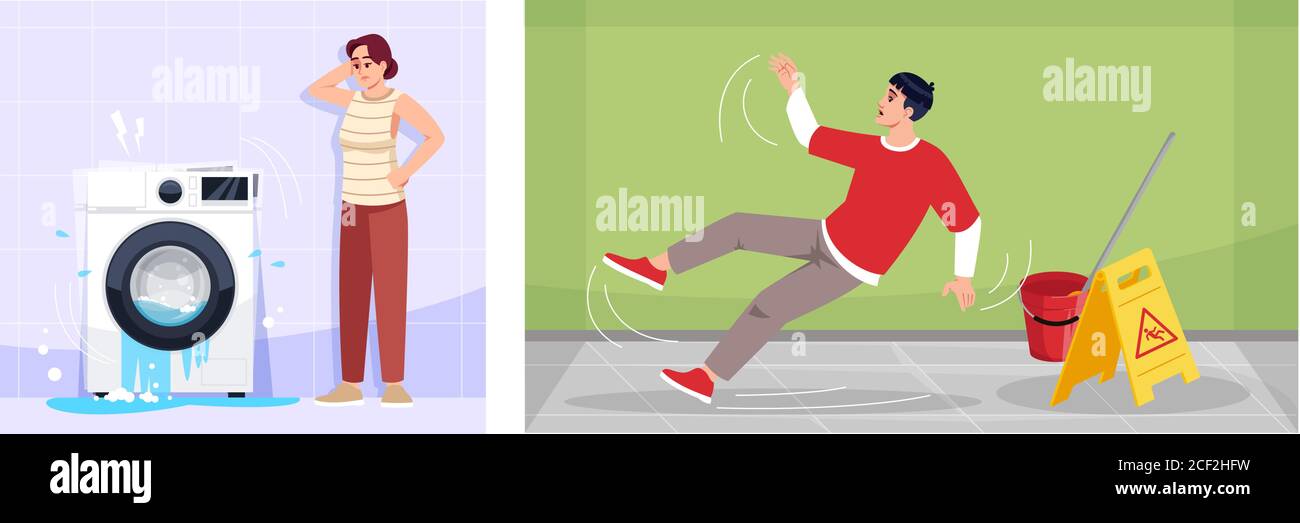 Wet floor and broken washing machine semi flat RGB color vector ...