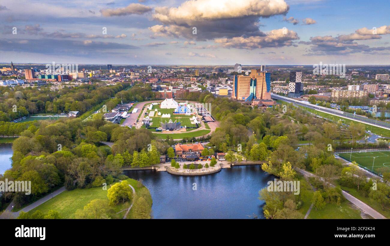 Aerial View of Groningen city Skyline from main park Stadspark area ...