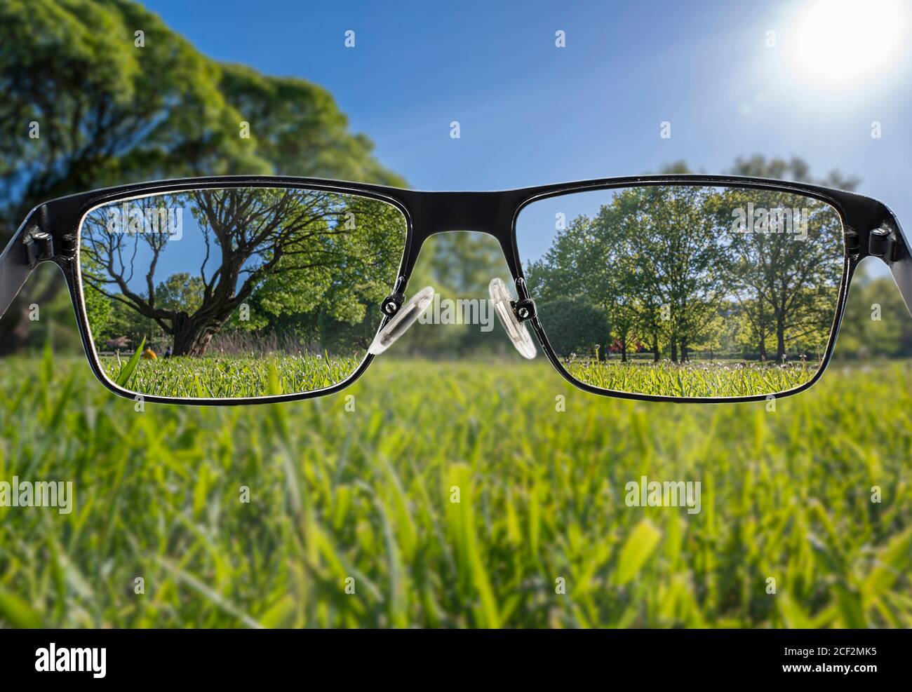 Focused image of landscape. Better vision concept. Through glasses ...