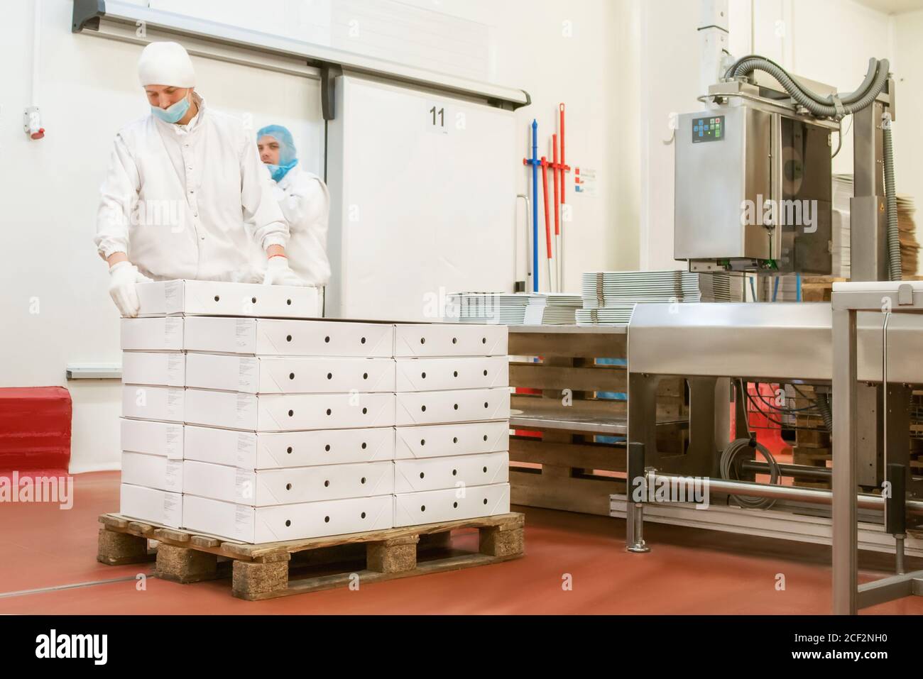 Packing goods in boxes in production. Packing paper box for food ...