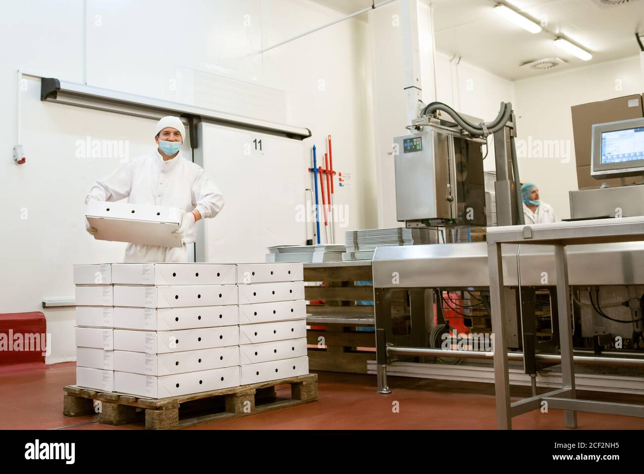 Packing goods in boxes in production. Packing paper box for food ...