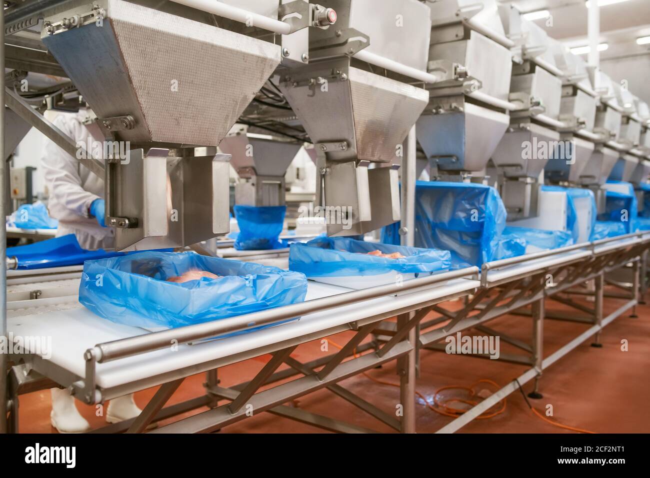 Industrial equipment at a meat factory. Meat processing plant. Meat ...