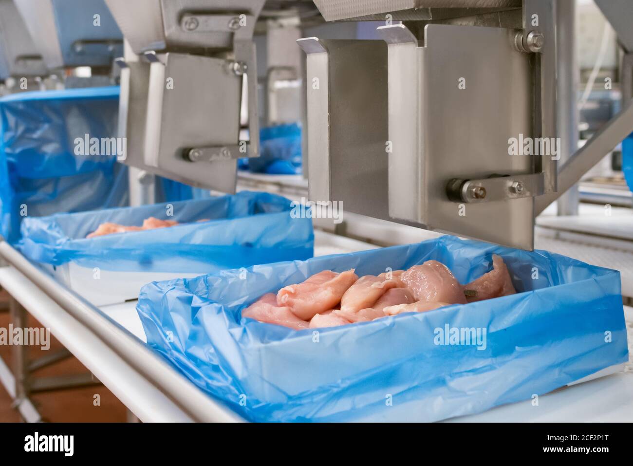 Industrial equipment at a meat factory. Meat processing plant. Meat ...