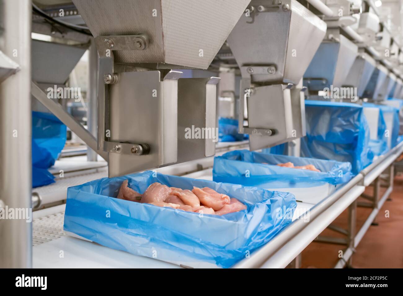 Industrial equipment at a meat factory. Meat processing plant. Meat ...