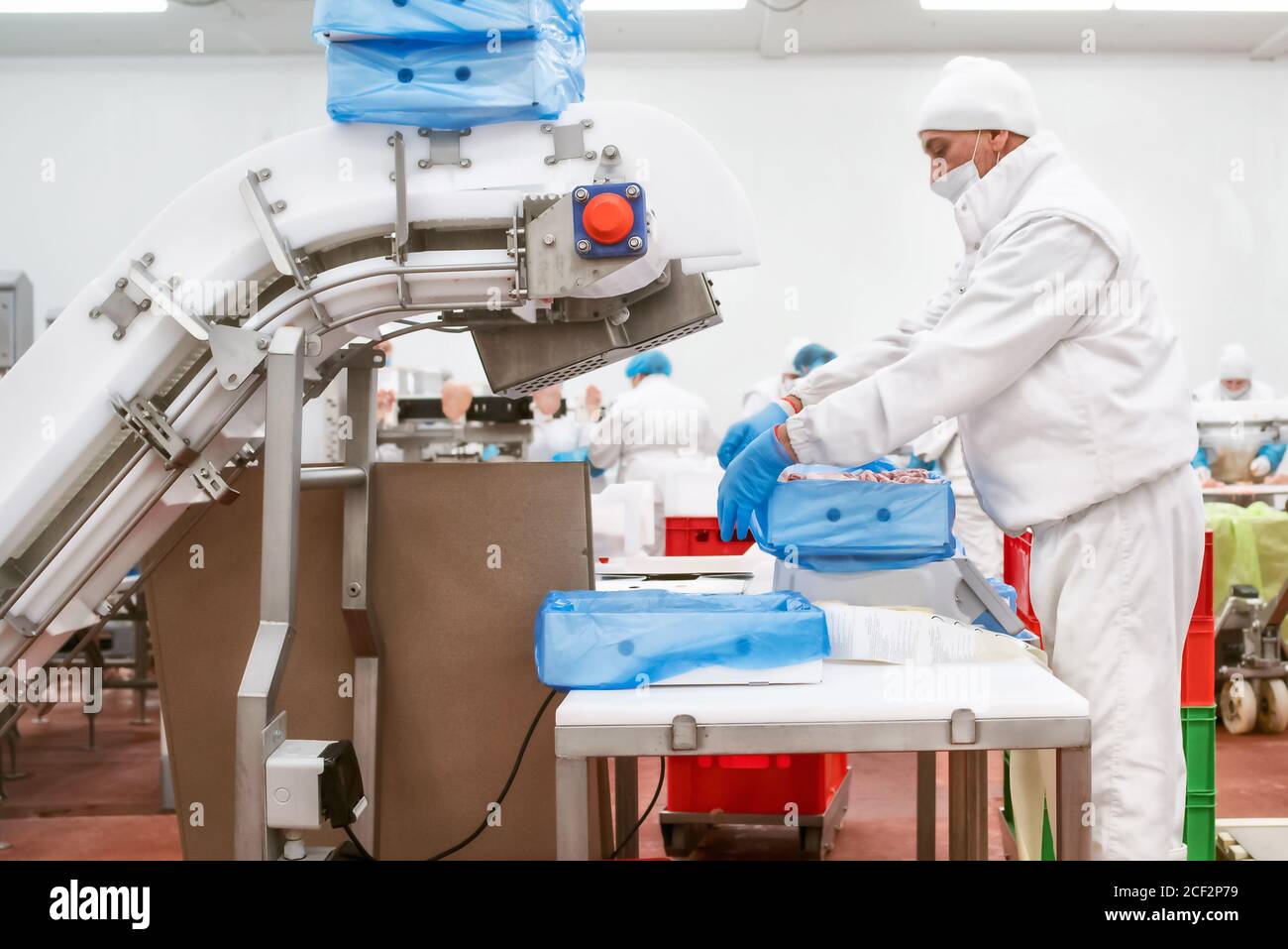 Industrial equipment at a meat factory. Meat processing plant. Meat ...
