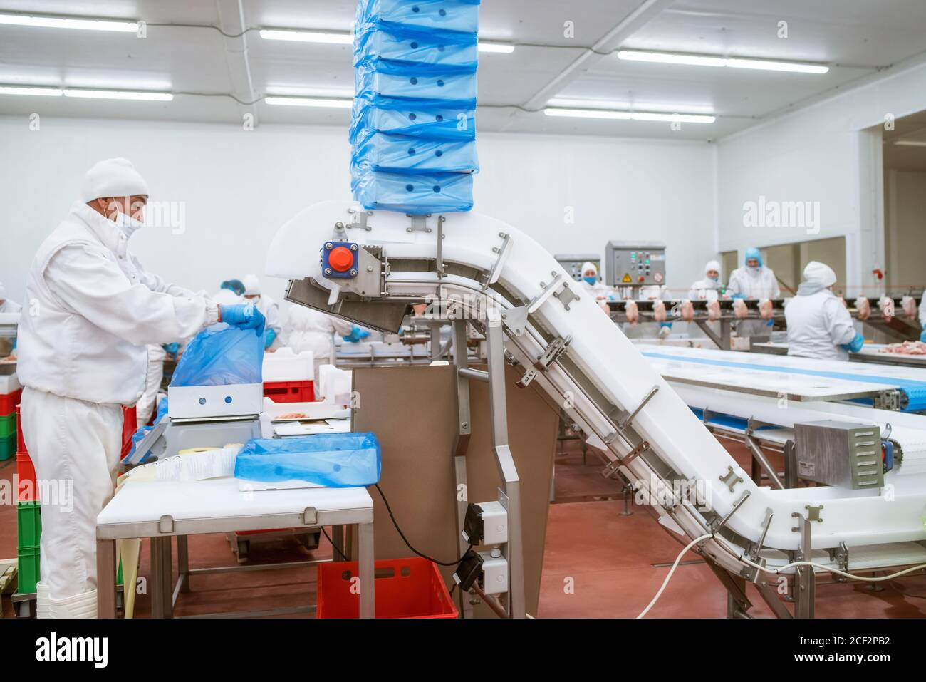Industrial equipment at a meat factory. Meat processing plant. Meat ...