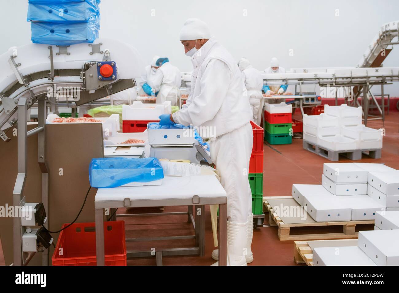 Industrial equipment at a meat factory. Meat processing plant. Meat ...