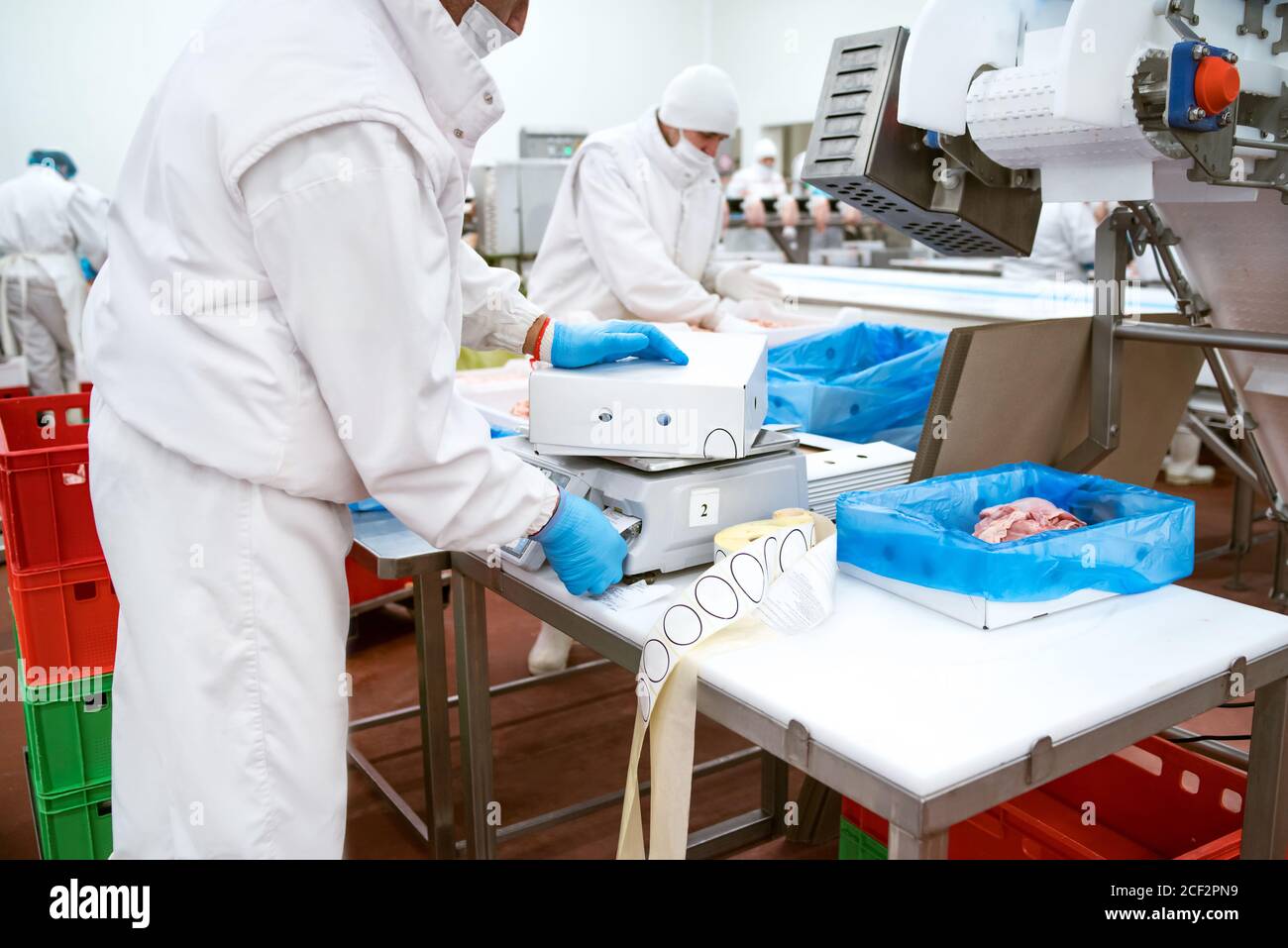 Industrial equipment at a meat factory. Meat processing plant. Meat ...