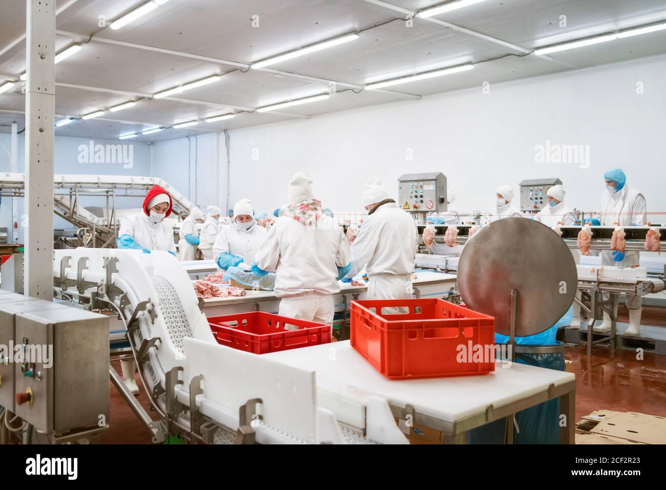 Industrial equipment at a meat factory. Meat processing plant. Meat ...