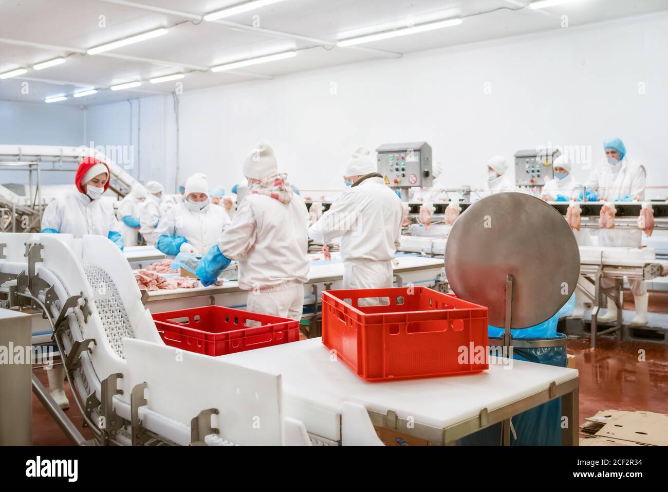 Industrial equipment at a meat factory. Meat processing plant. Meat ...
