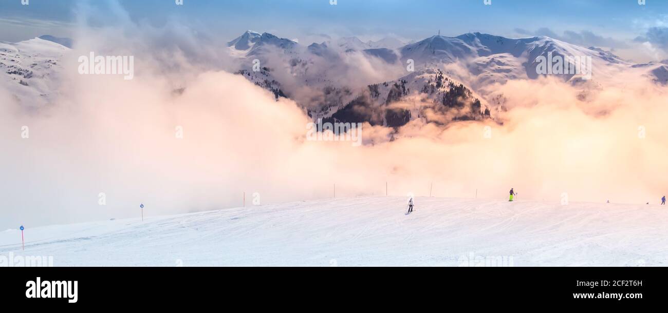 Saalbach, Austria, ski slope in austrain winter resort, Alps snow ...