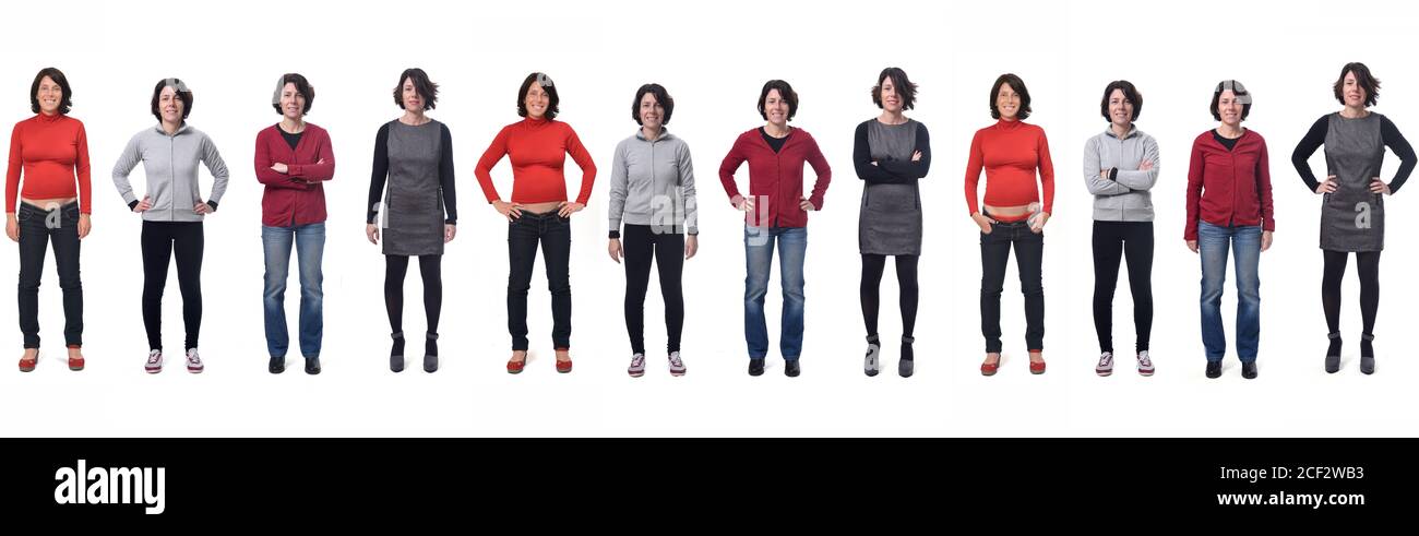 long group of photos of the same woman in different outfits and also ...