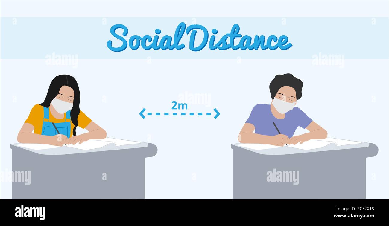Social distance in exam hall concept illustration. Students wearing ...