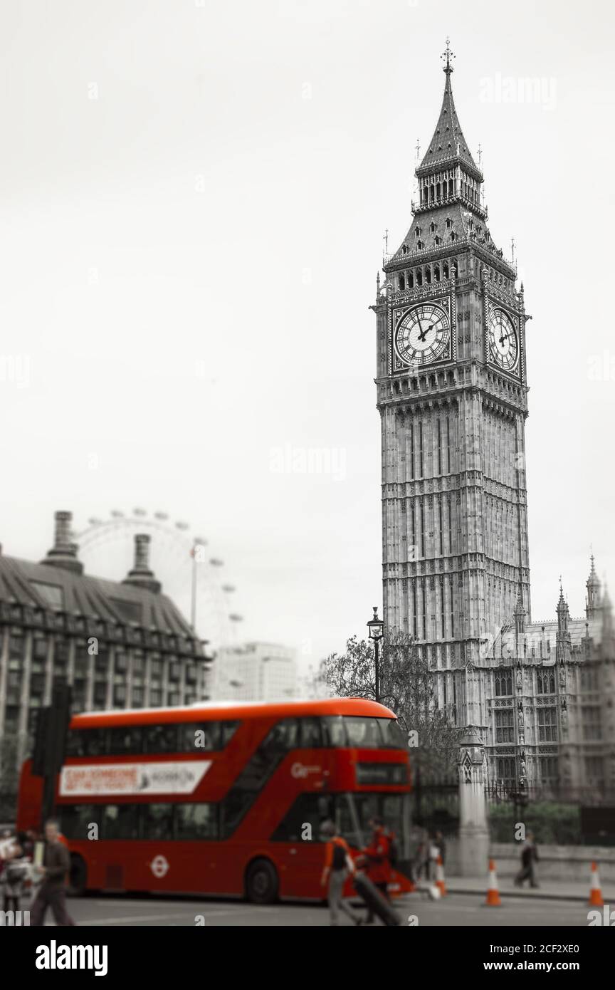 Big Ben and red double decker bus, tourists and London Eye. (London, UK ...
