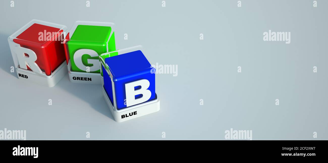 3D rendering of boxes with basic print colors Red, green and blue known ...