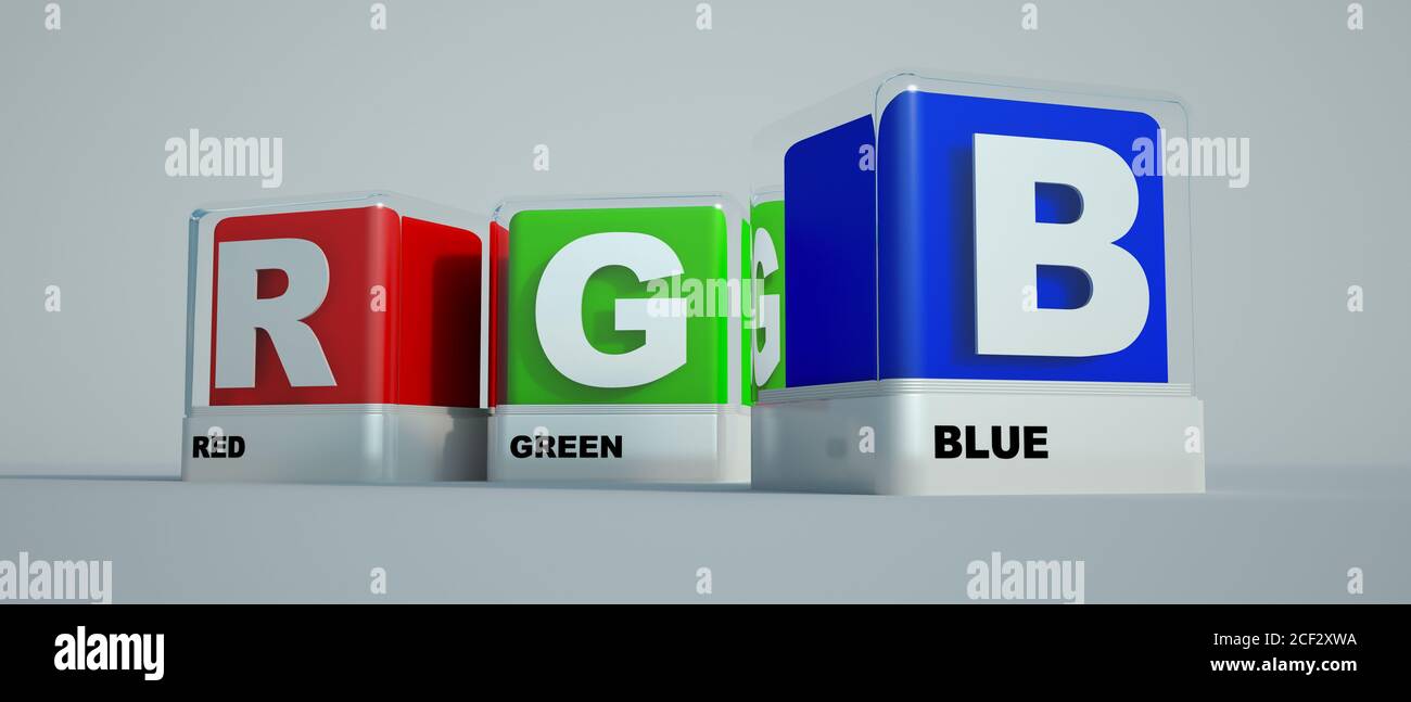 3D rendering of boxes with basic print colors Red, green and blue known ...