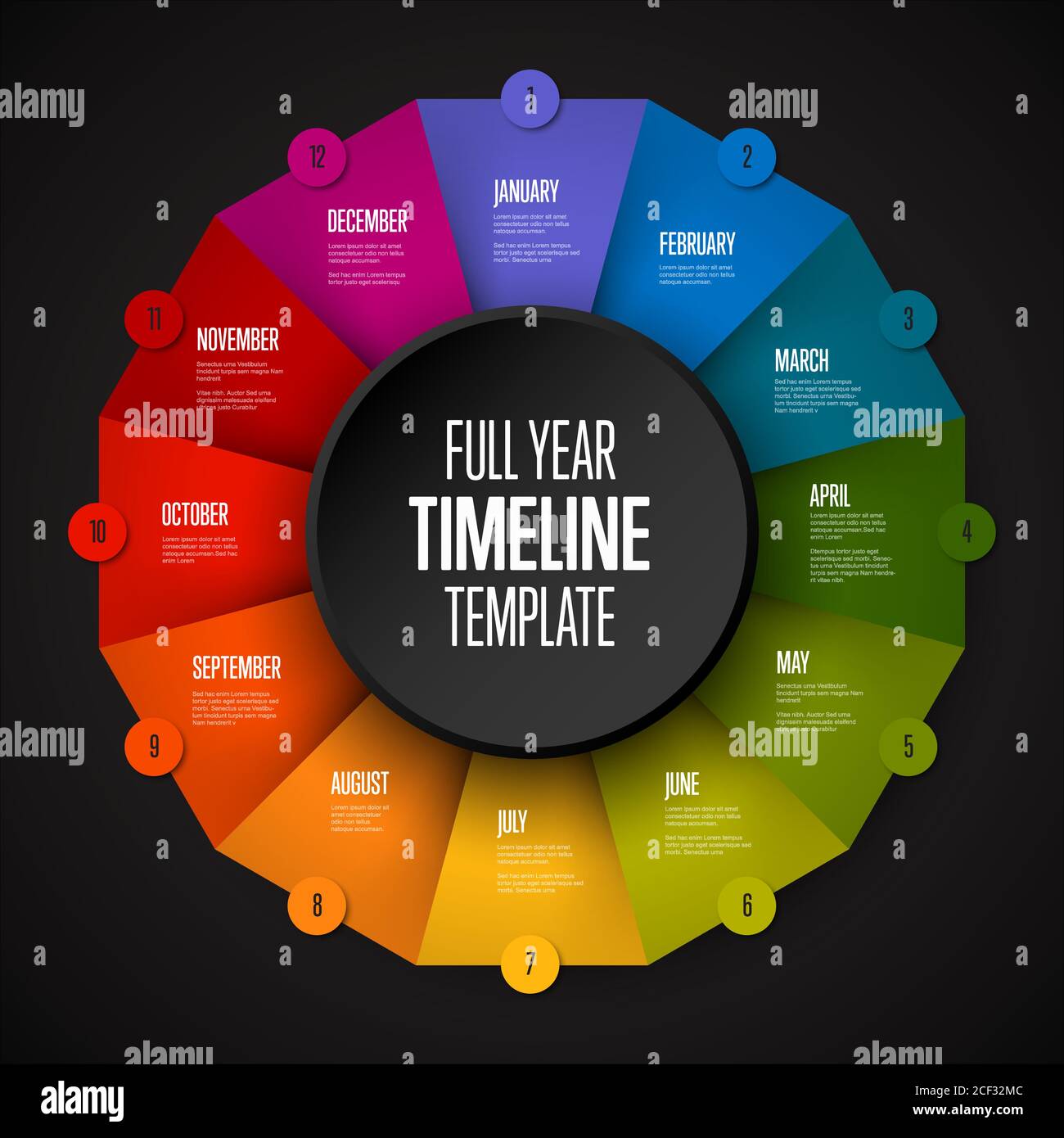 Full year timeline template with all months on circle folded rainbow ...