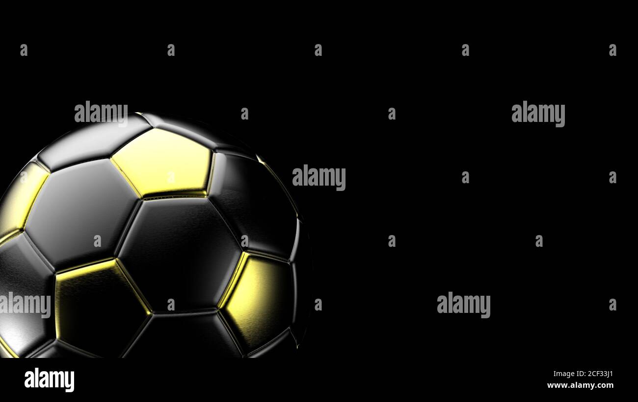 Yellow and black soccer metal ball isolated on black background ...