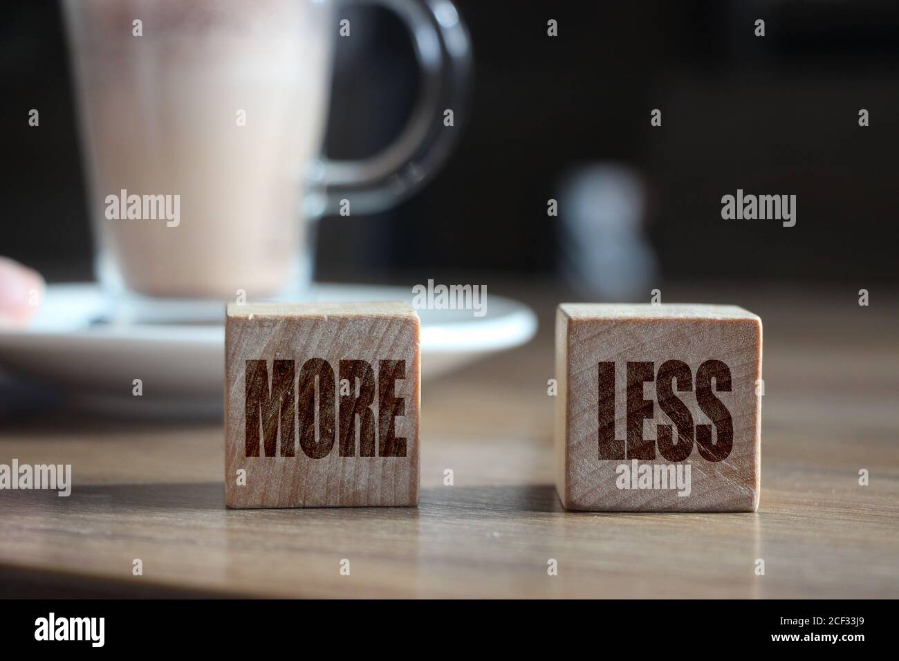 Wooden blocks on wooden table with More and Less signs. business ...