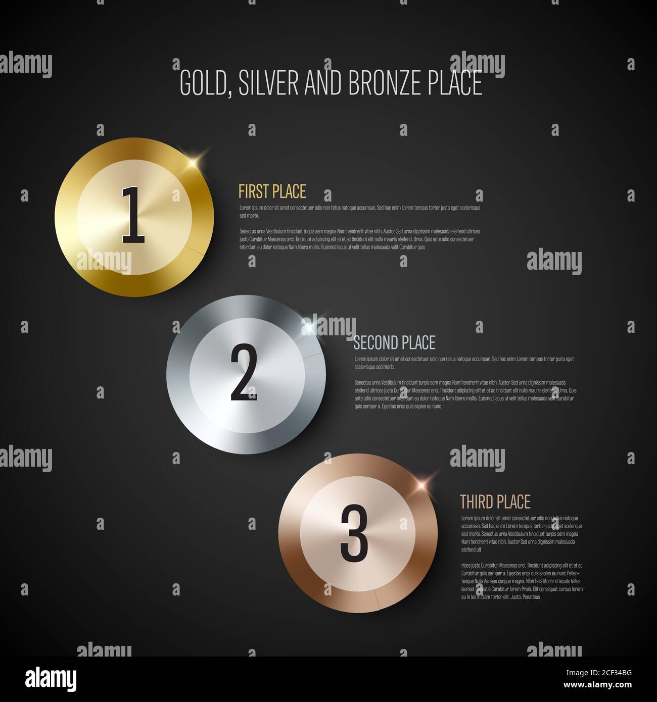 Gold, silver and bronze prize medal award with winner names on dark ...