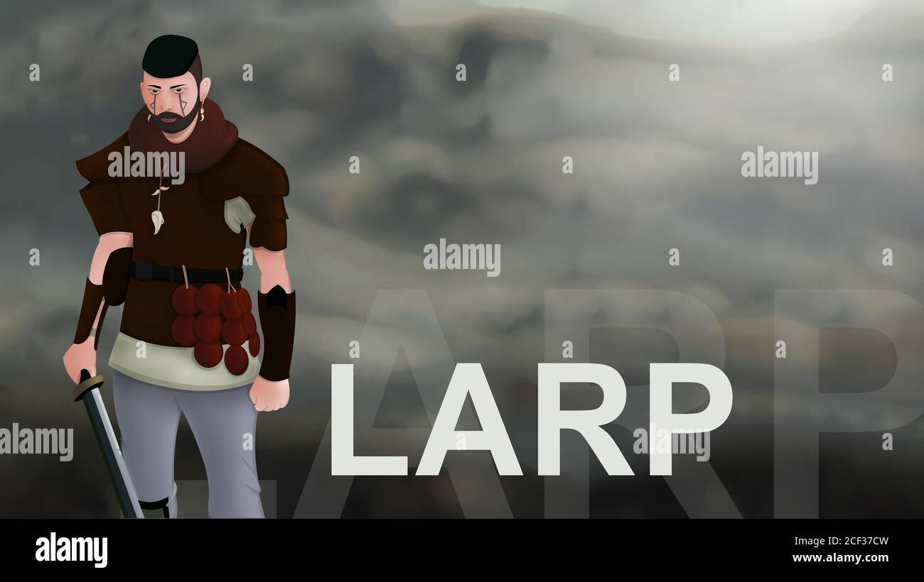 Larp word text with Warrior armed with sword viking and leather armor ...