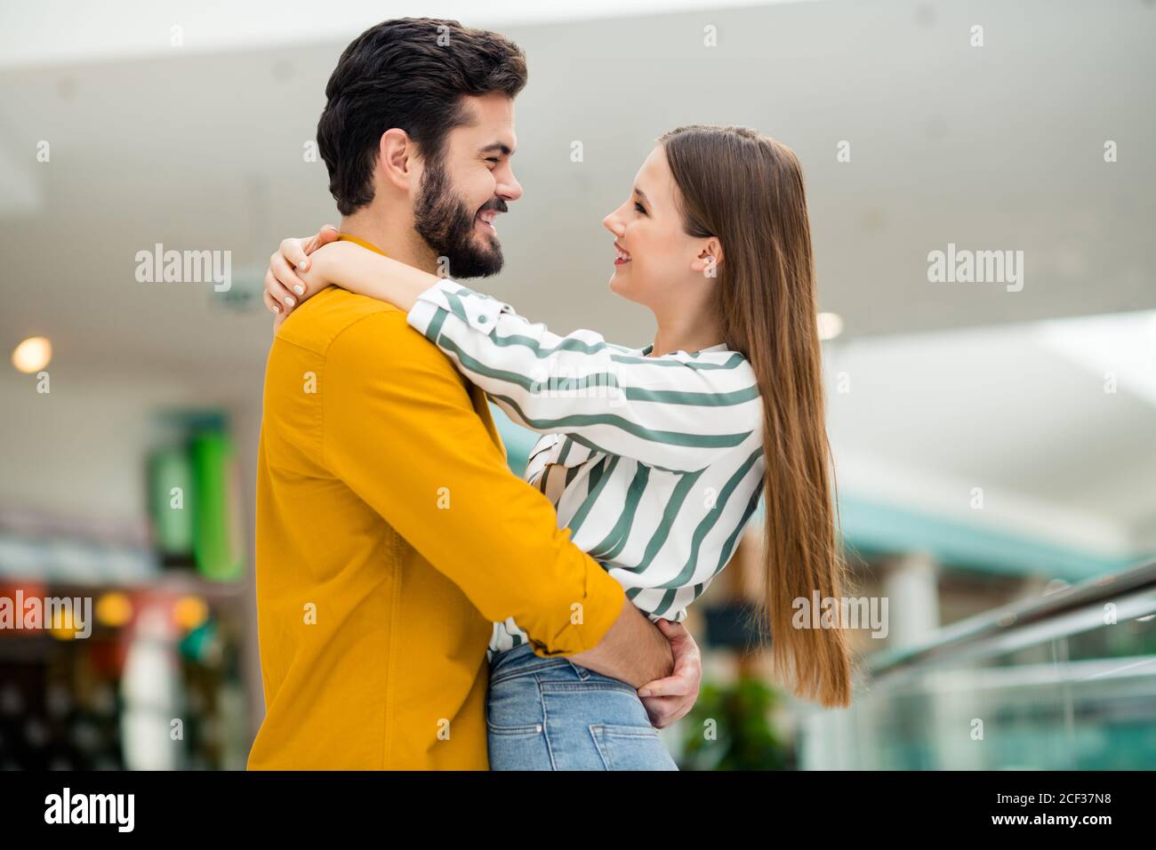 Profile side photo of positive tender affectionate comfort spouses man ...