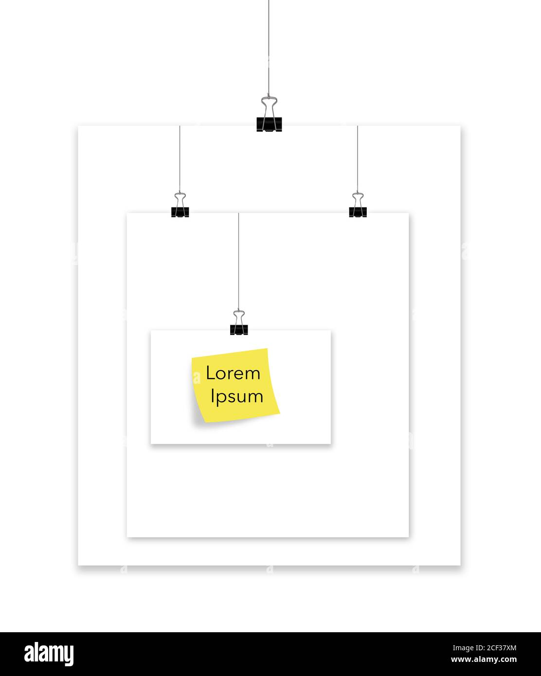 Back steel paper clamps hanging on strings hold white sheets of paper ...