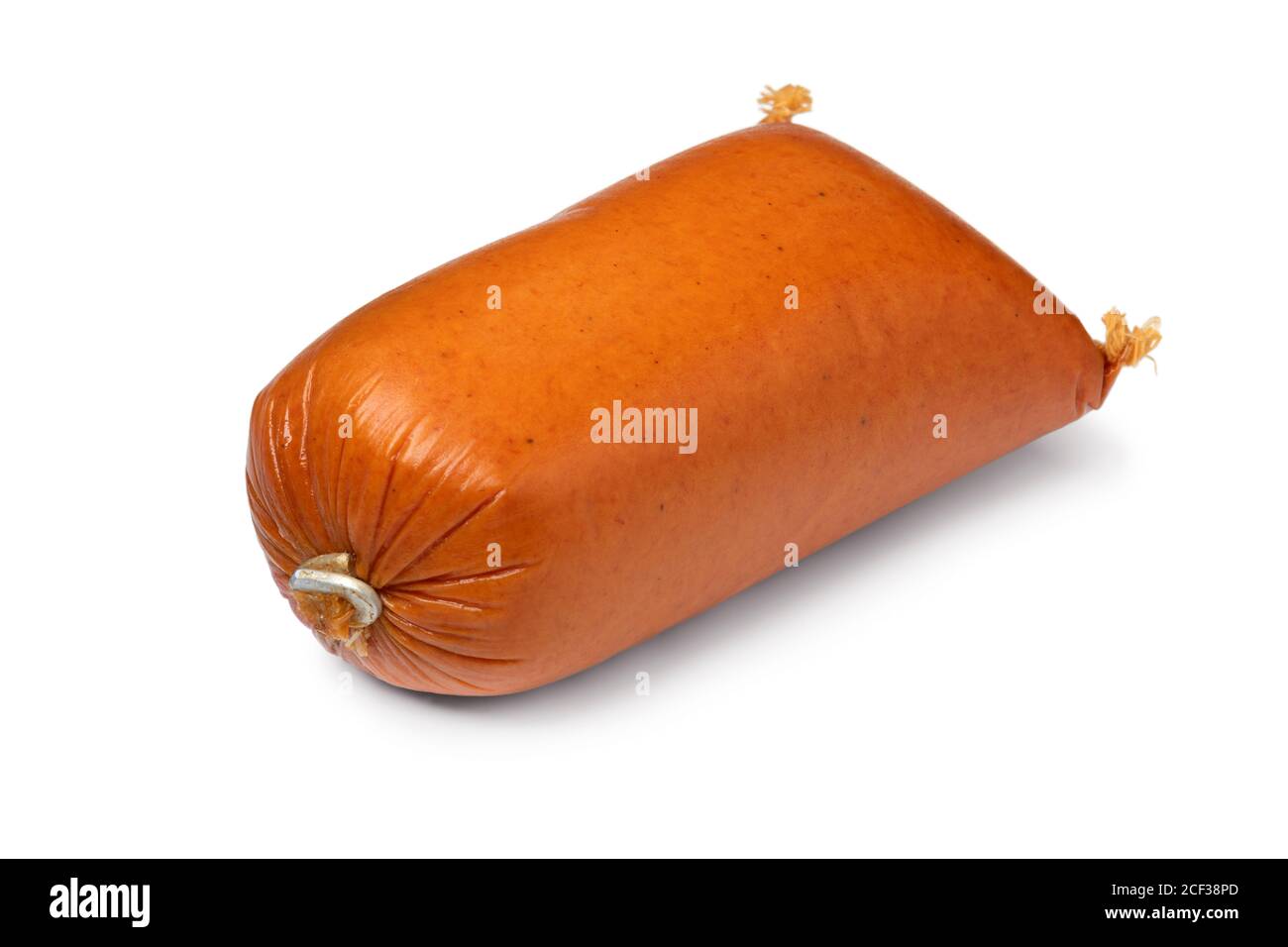 Single traditional German Teewurst packed in plastic close up isolated ...