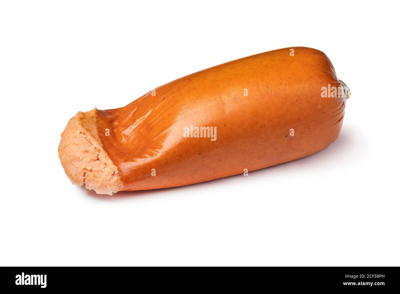 Single traditional German Teewurst open in plastic close up isolated on ...