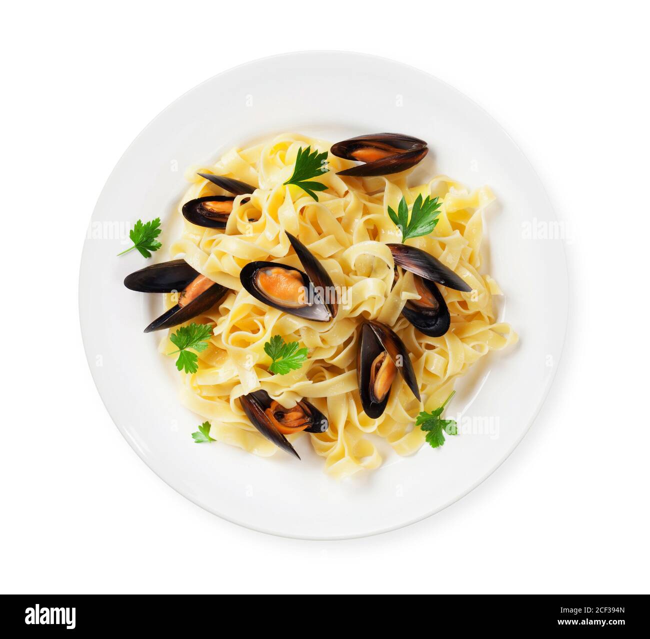 Fettuccine seafood pasta. Top view flat lay isolated on white Stock ...