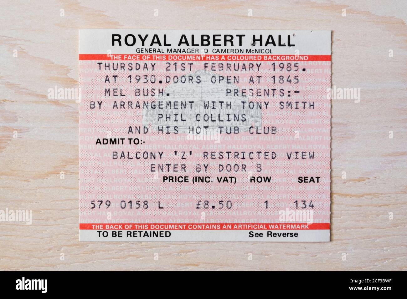 A concert ticket stub for Phil Collins and his Hot Tub Club seat 134 ...