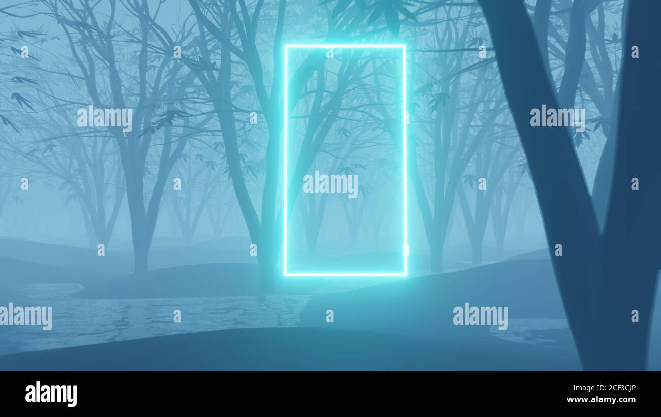 Glowing neon frame in forest. Fluorescent light portal in darkness for ...