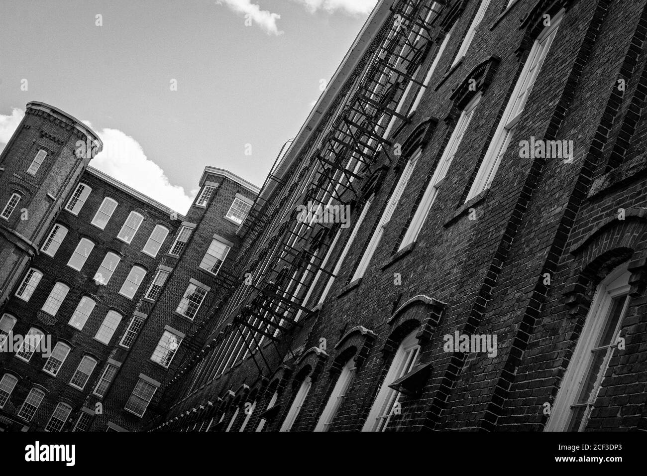 Re-purposed vintage mill buildings photographed from a tilted ...