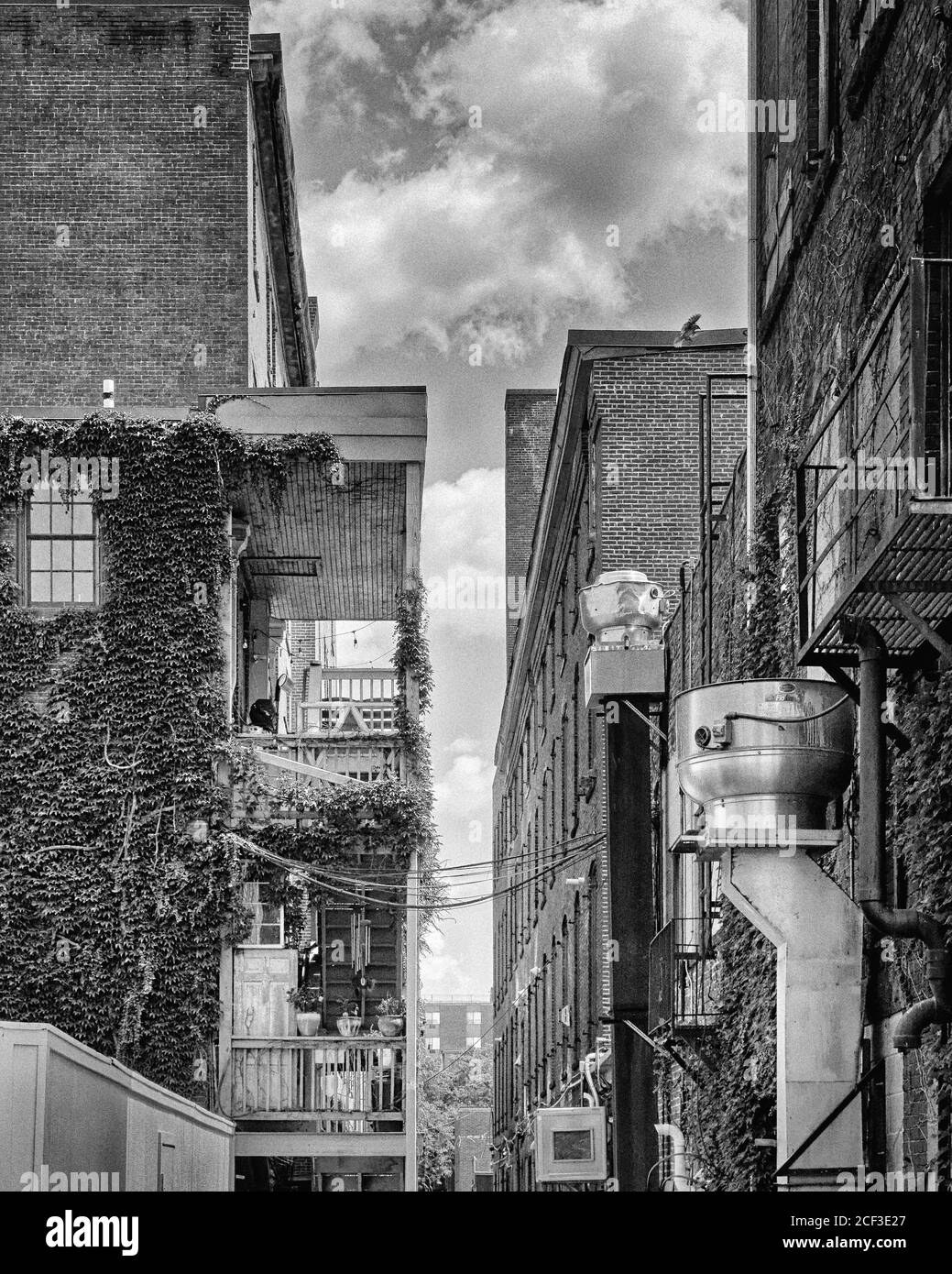 A view of an urban alley between two vintage brick buildings. One side ...