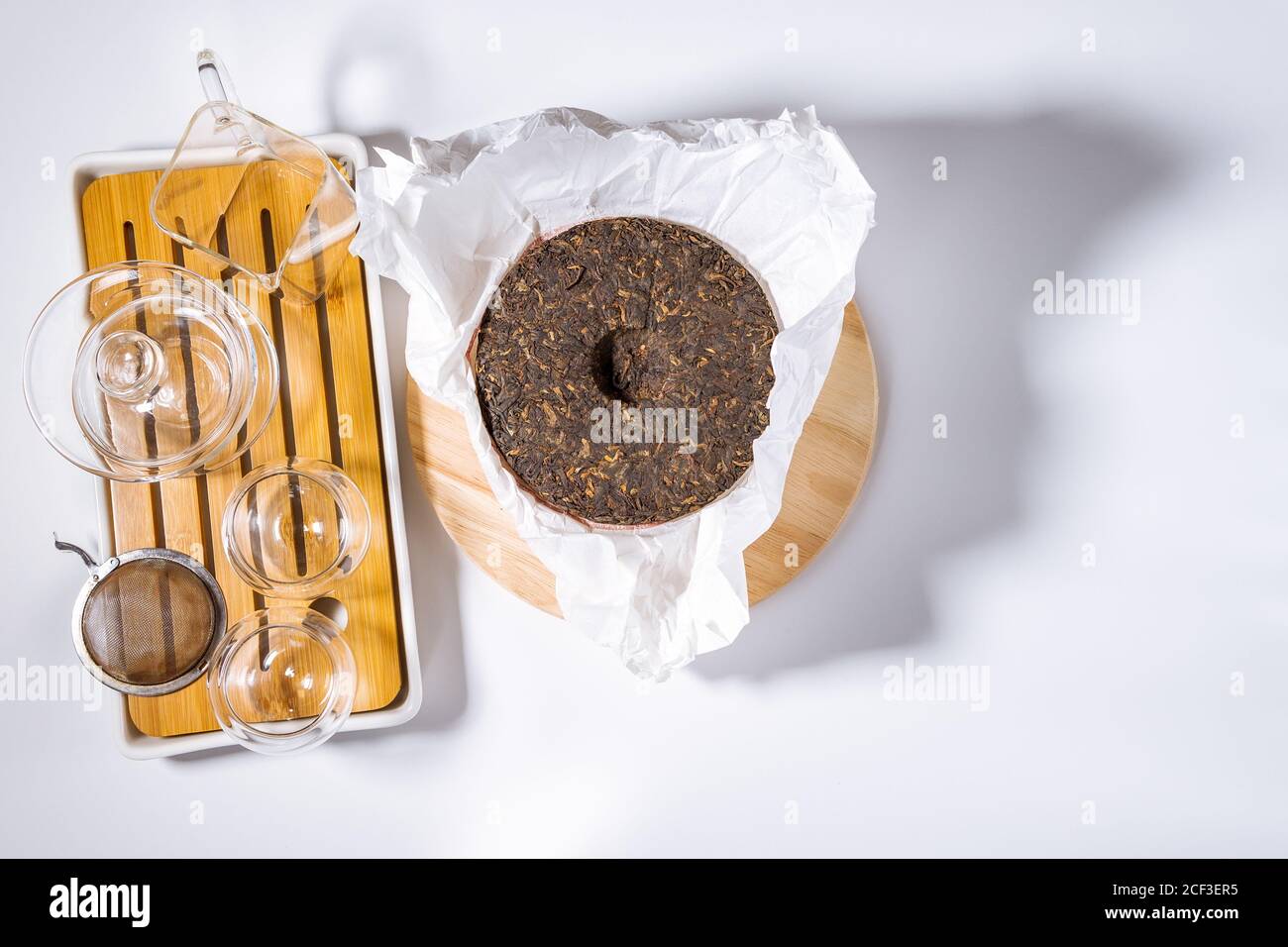 Chinese Tea Shu Shen Puer. Close-up. Pressed Tea. top view flat lay ...