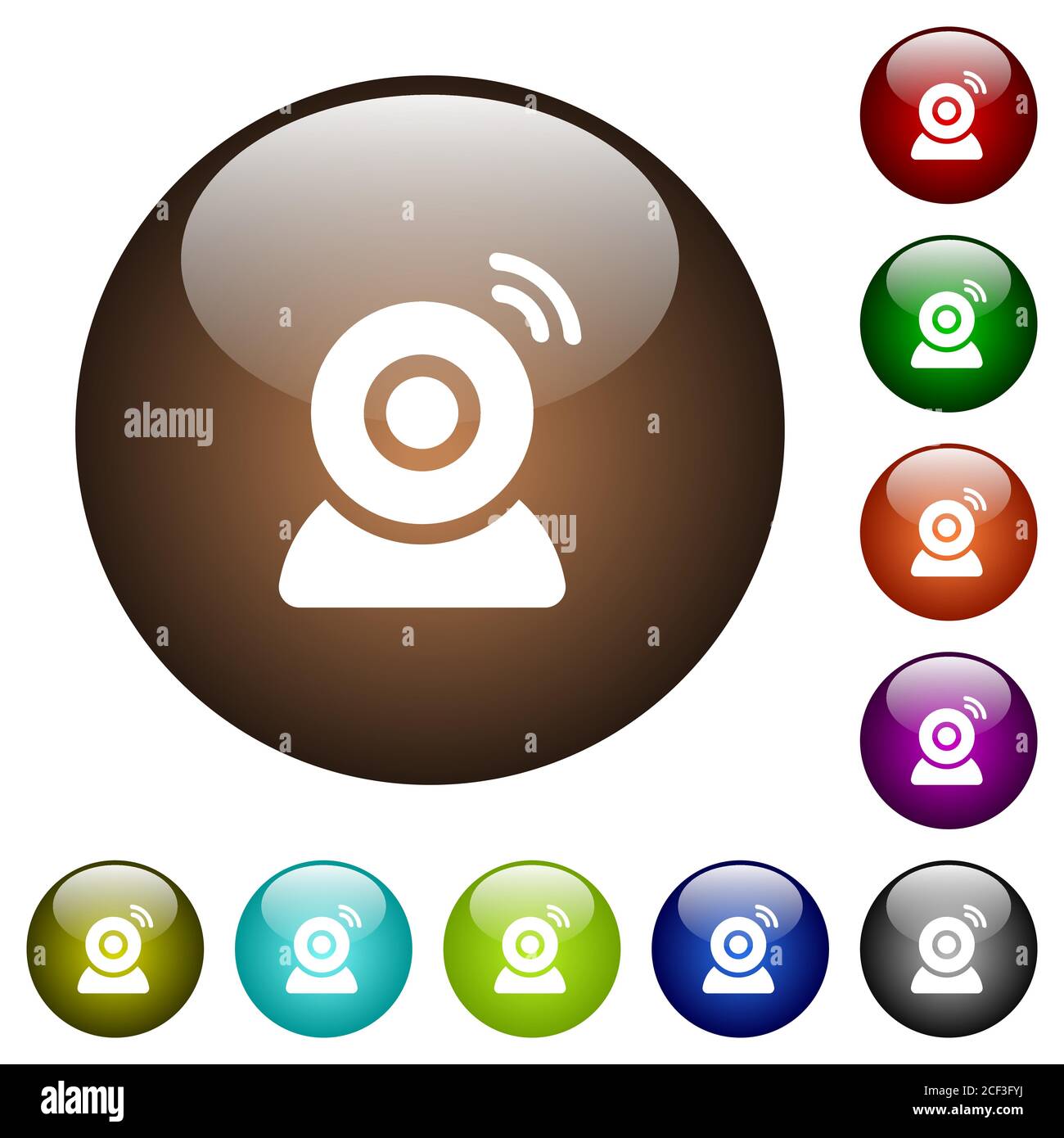 Wireless camera white icons on round glass buttons in multiple colors ...