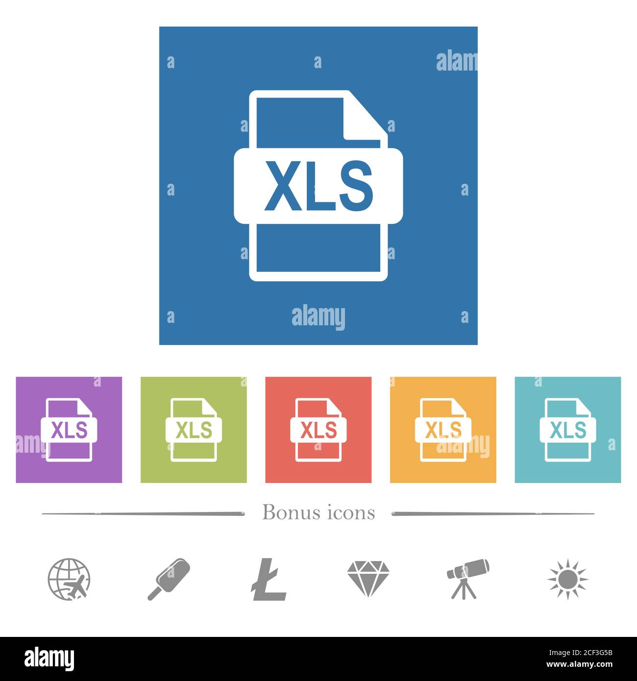XLS file format flat white icons in square backgrounds. 6 bonus icons ...