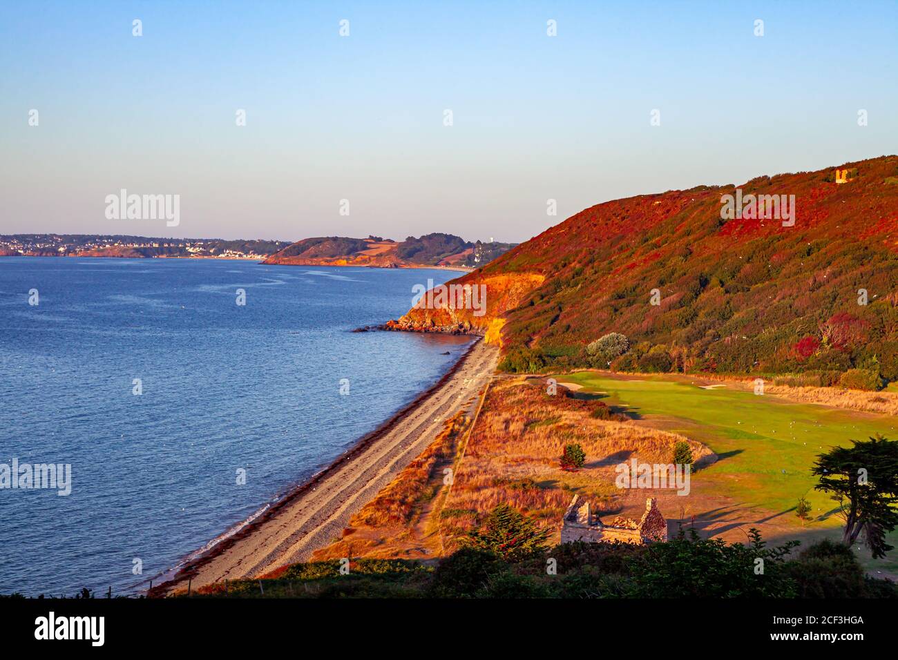 Pleneuf Val Andre Golf course, Bretagne, France, in the background, the ...