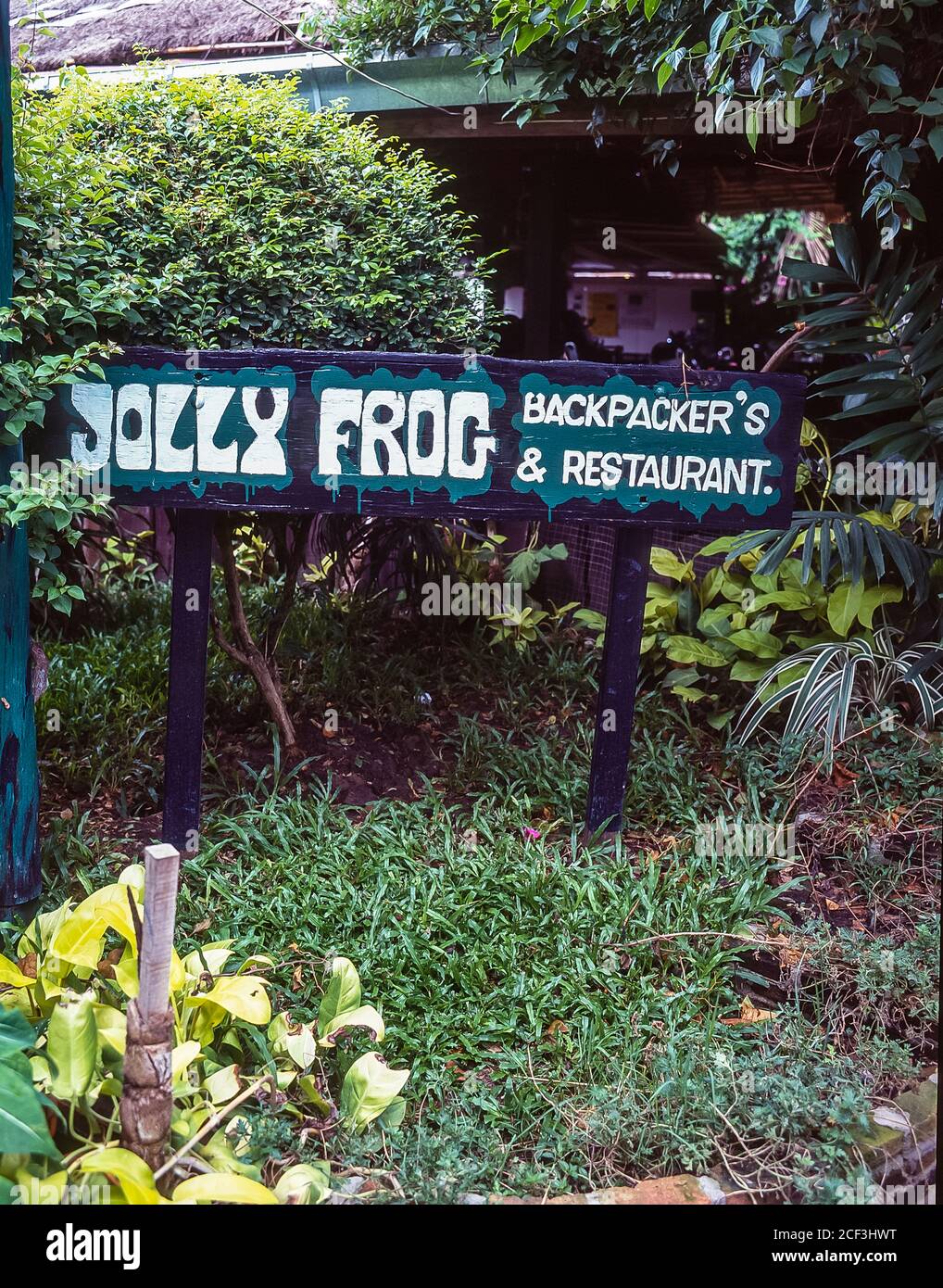 Thailand, Kanchanaburi. The Jolly Frog back-papers hotel and eatery one ...