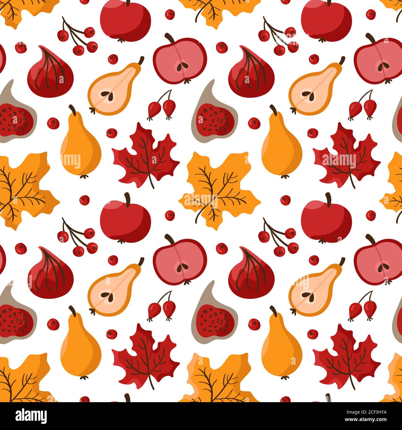 Autumn vector seamless pattern of fruits apple and pear, berries, figs ...