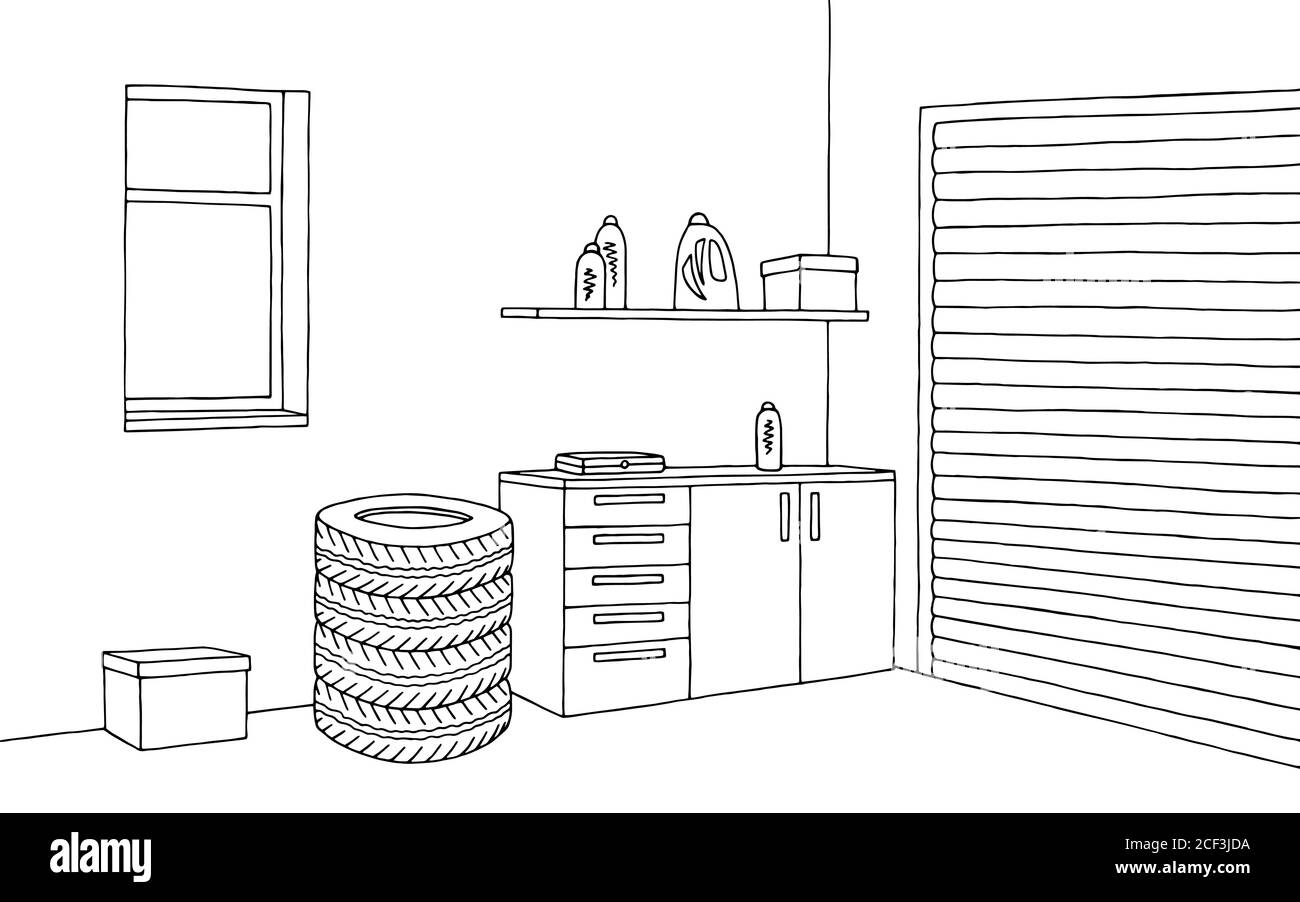 Garage graphic black white interior sketch illustration vector Stock ...