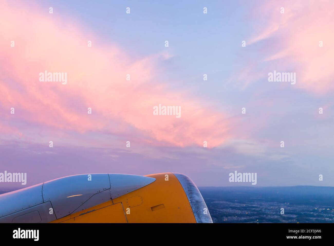 Dulles, USA International Airport, IAD take-off view with colorful pink ...