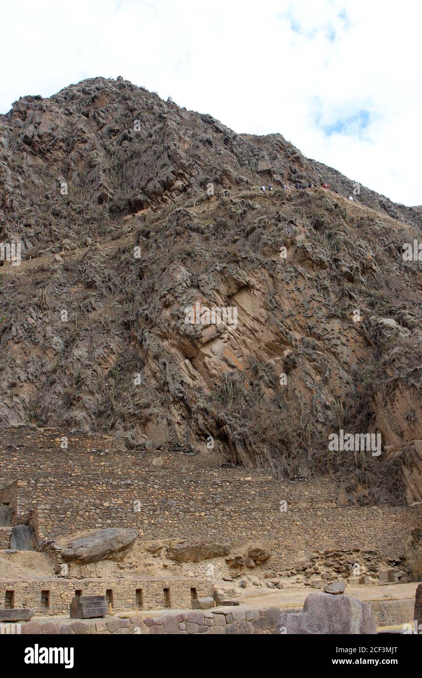 Farming terraces, stone walls and a trail leading over the mountain at ...