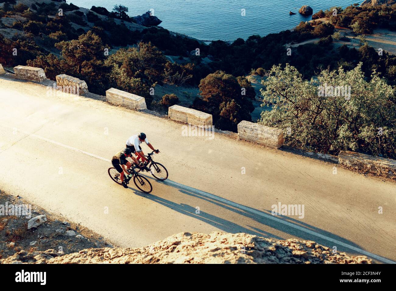 Two professional male cyclists riding their racing bicycles in the ...