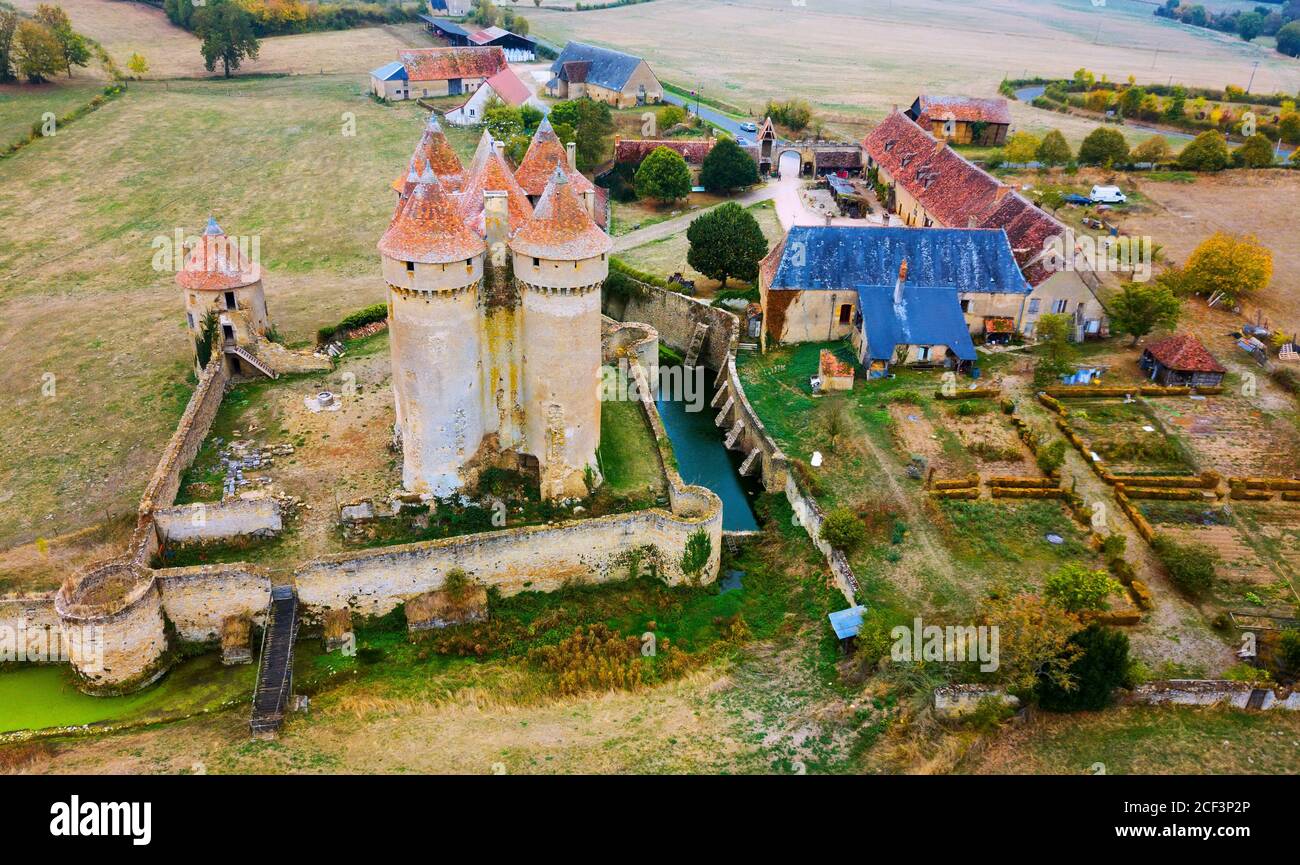 Aerial view of Chateau Sarzay – medieval castle in France Stock Photo ...