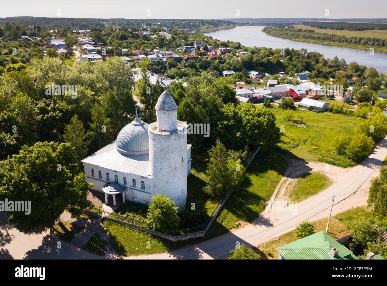 Aerial view of city landscape of Kasimov on Oka river with oldest Khan ...