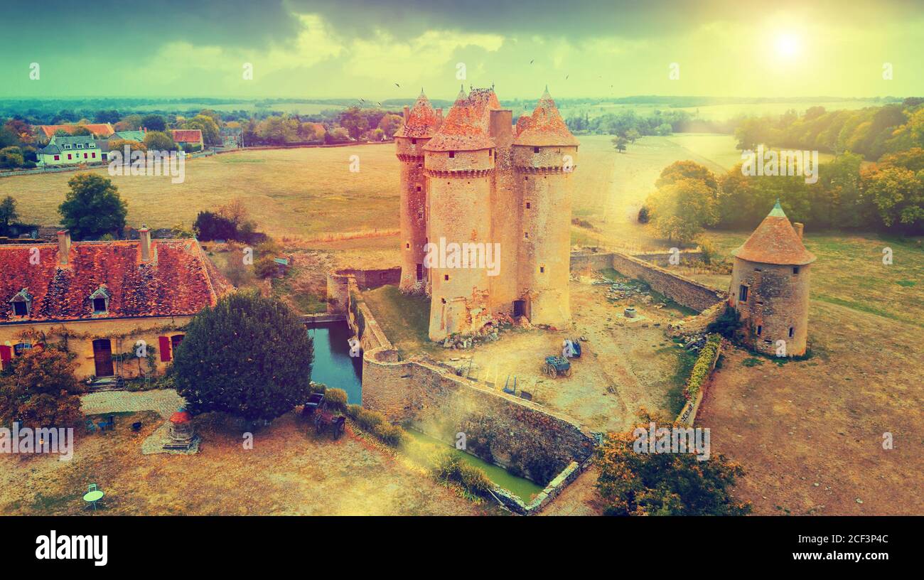 Aerial view of Chateau Sarzay – medieval castle in France Stock Photo ...