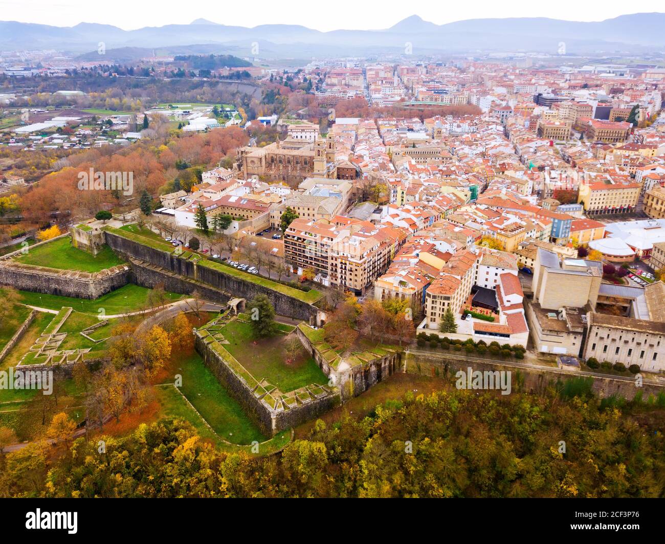 Aerial view of Pamplona medieval town with fortification in Navarre ...