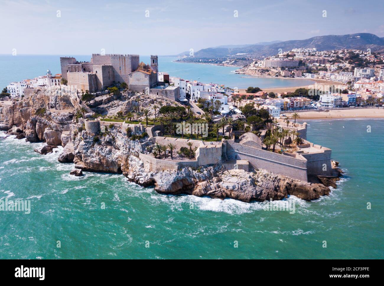 Aerial view of coastline and medieval castle Peniscola, Spain Stock ...