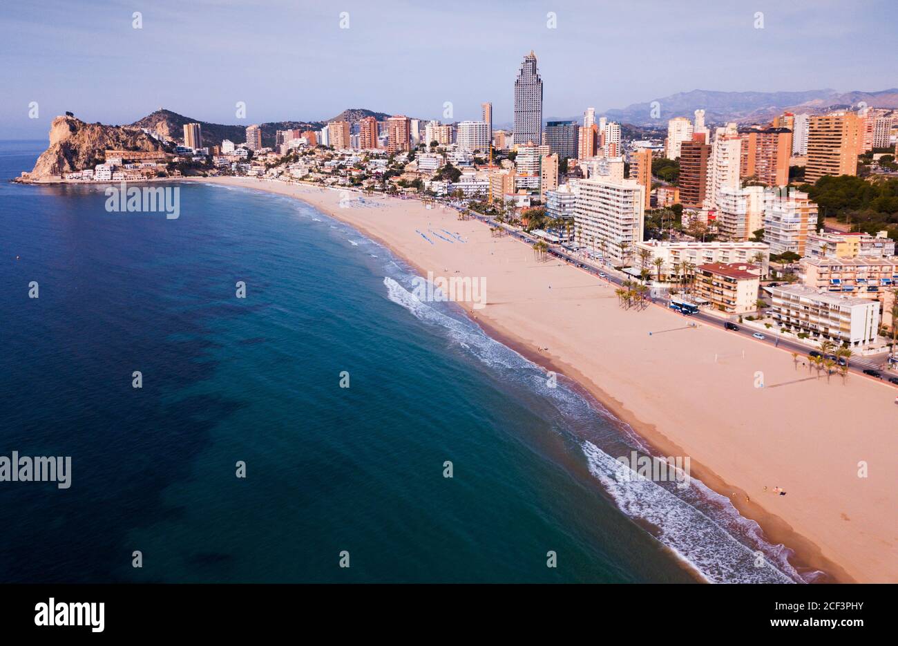 Panoramic view of resort sand coast and buildings of city Benidorm ...